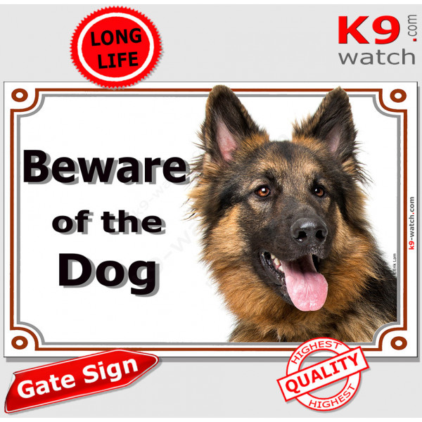 Long-Hair German Shepherd, Gate Sign "Beware of the Dog" plaque placard ...